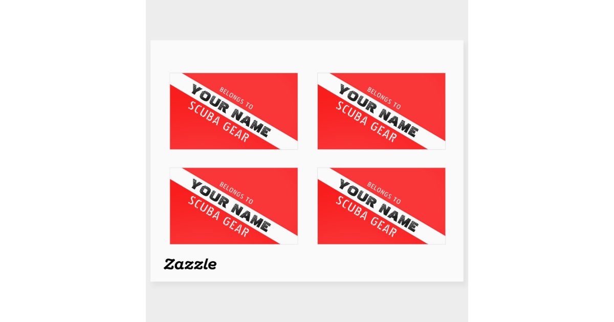 SCUBA DIVERS. PERSONAL SCUBA GEAR. NAME RED FLAG RECTANGULAR STICKER ...