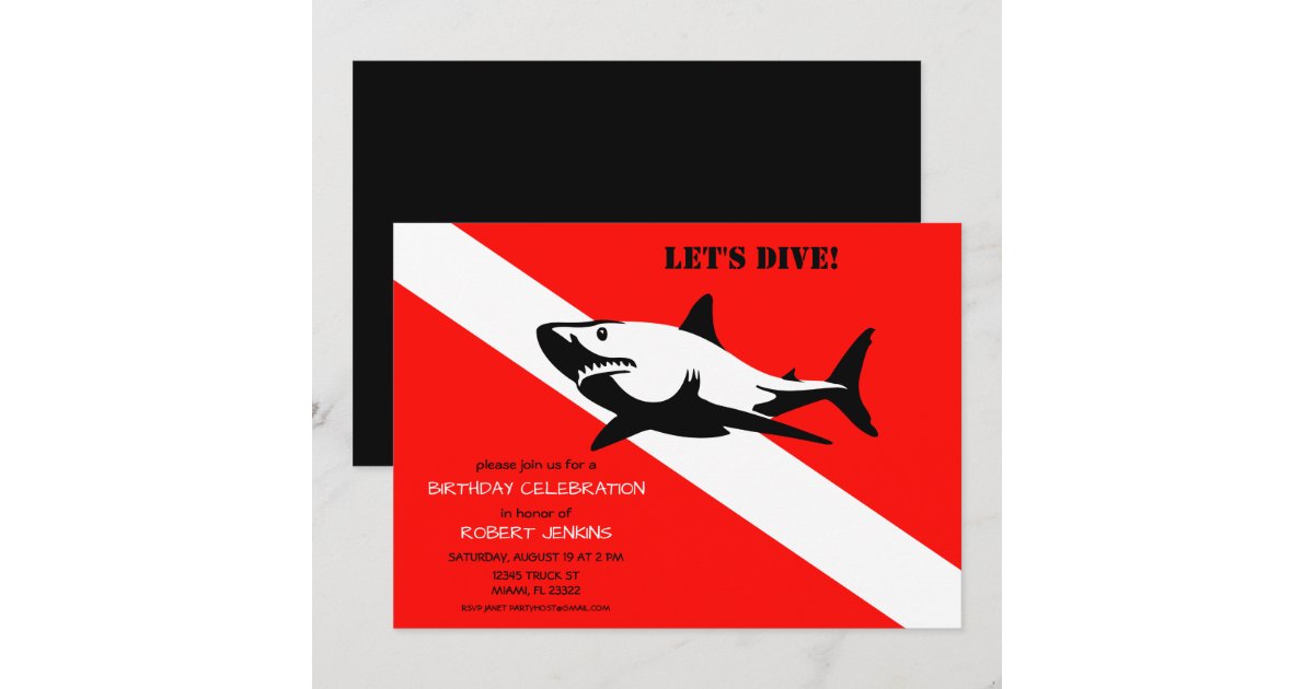 Scuba Diving Flag and Shark Birthday Invitation | Zazzle