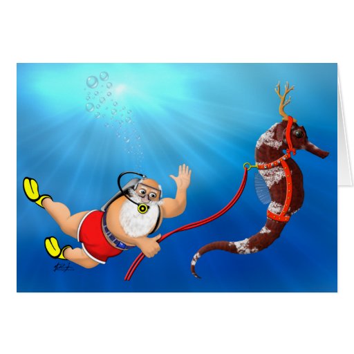 Scuba Diving Santa & Seahorse Christmas Card | Zazzle
