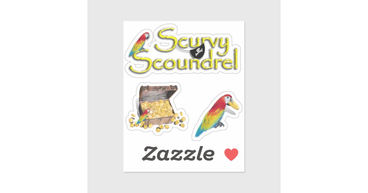 Scurvy Scoundrel! Parrot and Pirate Chest Sticker | Zazzle