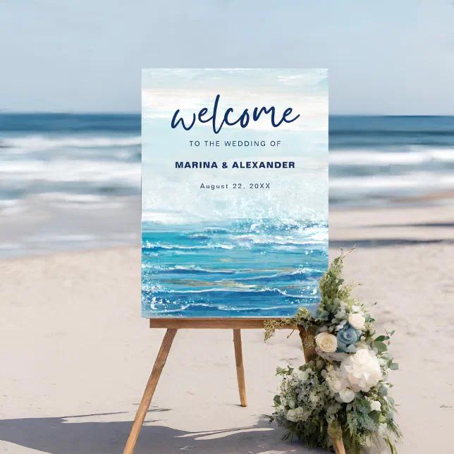 Sea Blue Beach Waves Coastal Wedding Welcome Sign | Zazzle