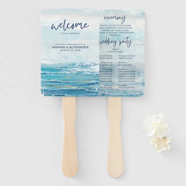 Sea Blue Beach Waves Watercolor Wedding Program Hand Fan | Zazzle