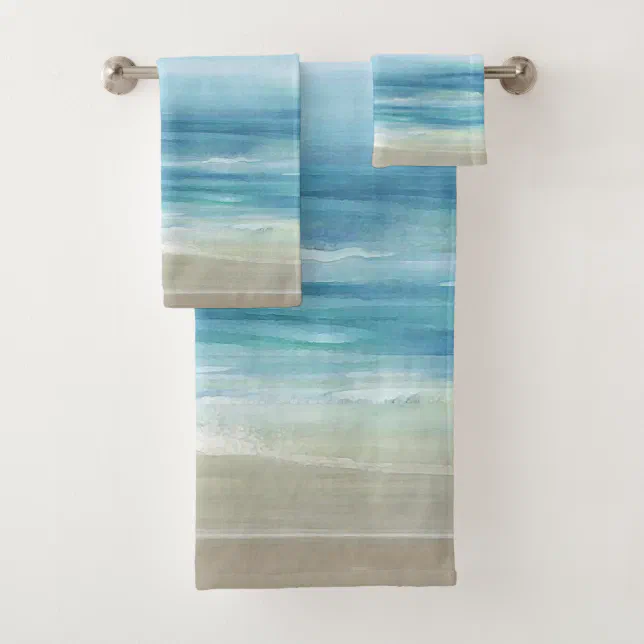 Sea Blue Watercolor Ocean Waves Coastal Beach Bath Towel Set | Zazzle