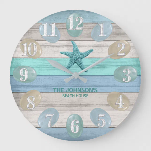 Sea Glass and Beach Wood Nautical - Blue Teal Large Clock | Zazzle