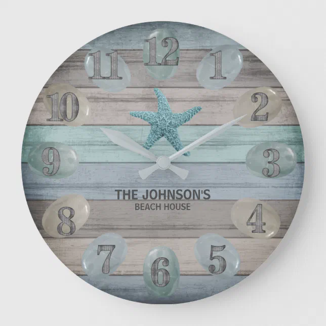 Sea Glass Beach Nautical Driftwood Large Clock | Zazzle