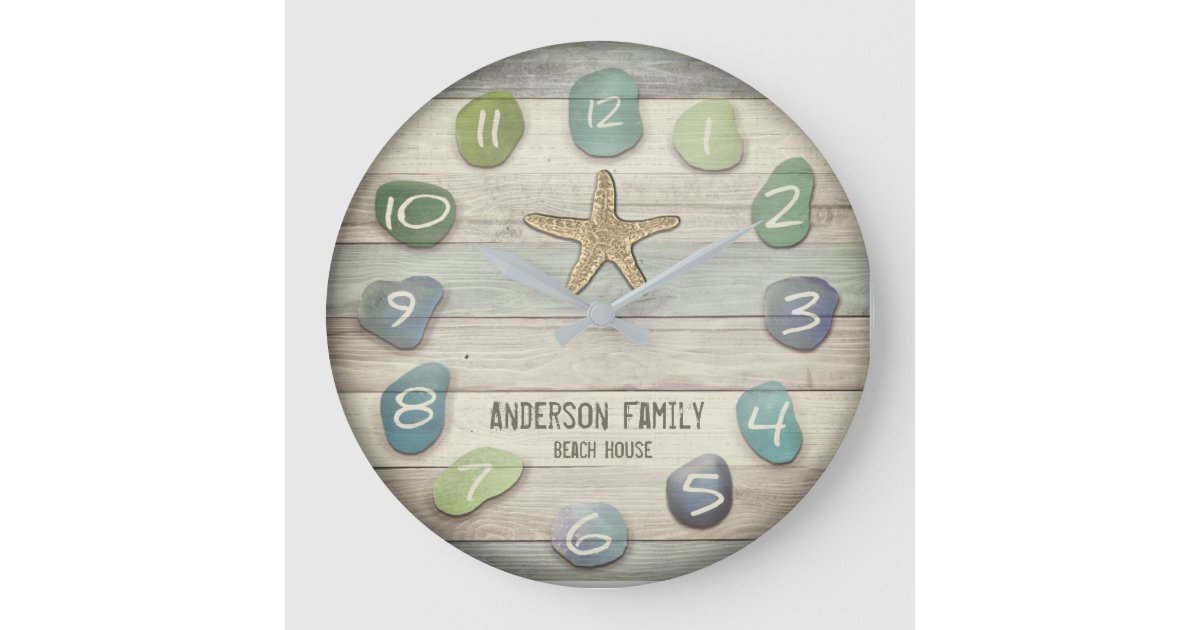Sea Glass Starfish Driftwood Ocean Large Clock | Zazzle
