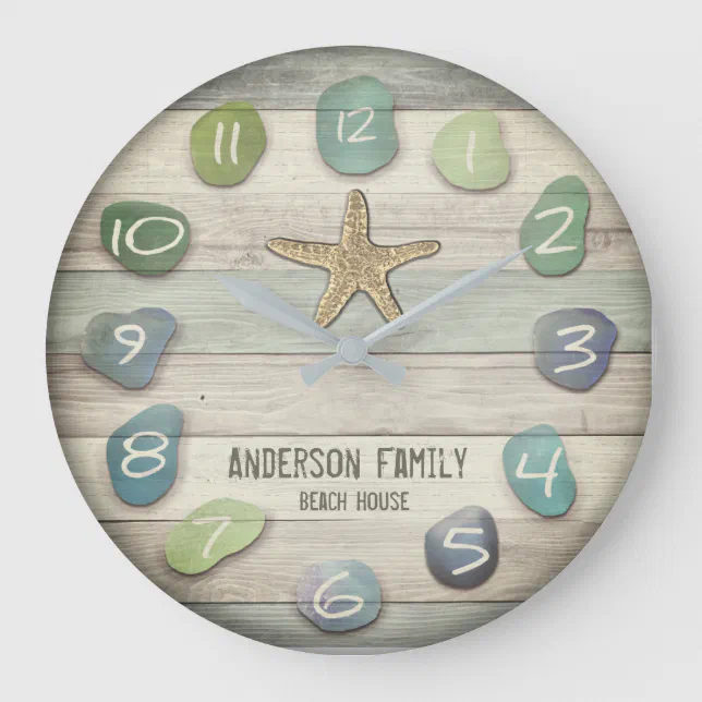 Sea Glass Starfish Driftwood Ocean Large Clock | Zazzle