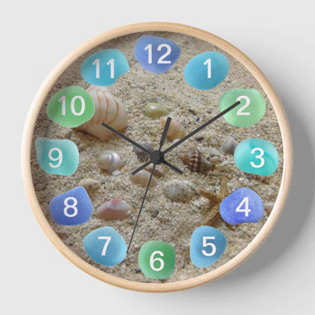 Sea Glass with Seashells on Beach Sand Clock | Zazzle
