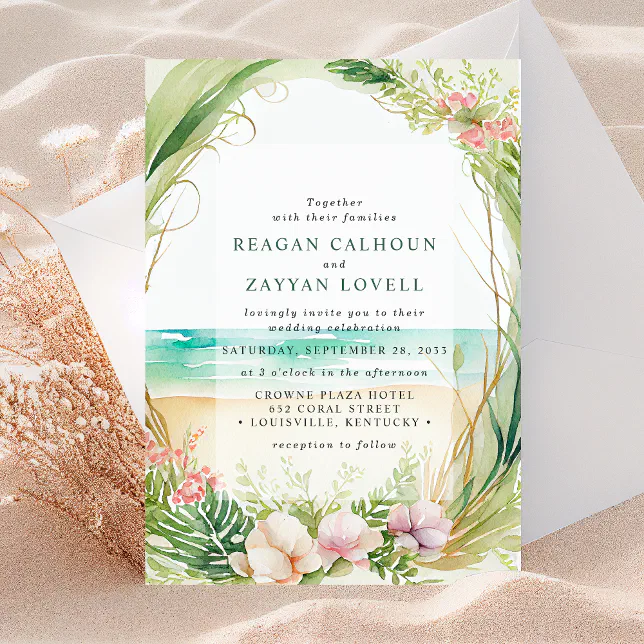 Sea Green Watercolor Beach Wedding Invitation | Zazzle