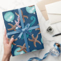 Sea Life Tropical Pattern Navy Blue Christmas Wrapping Paper | Zazzle
