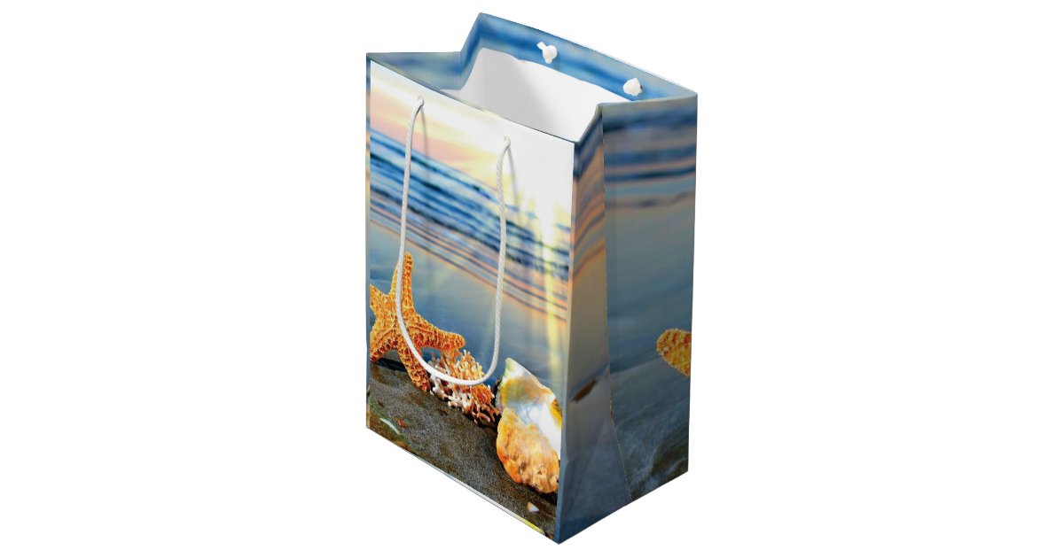 Sea shells and starfish on beach medium gift bag | Zazzle