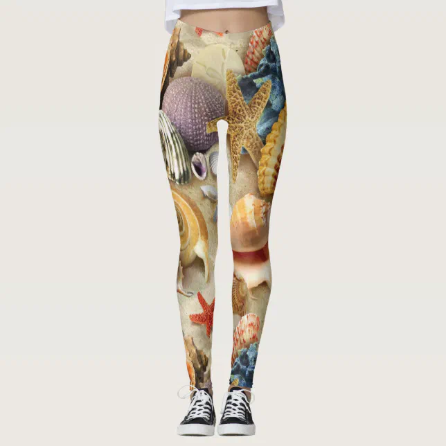 Sea shells on beach leggings | Zazzle