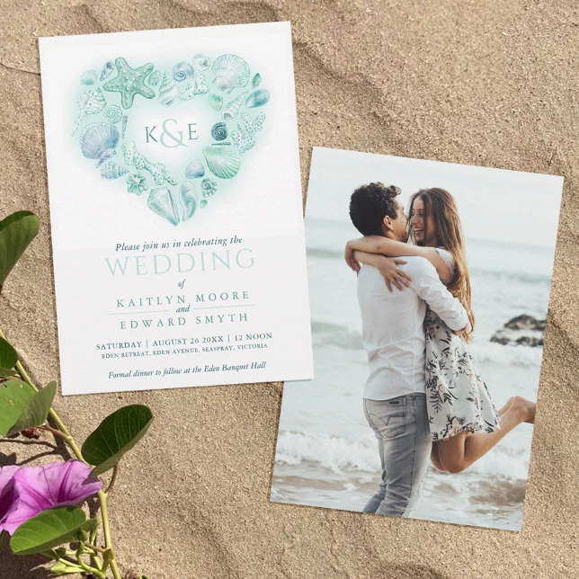 Sea shells watercolor heart beach aqua invitation | Zazzle