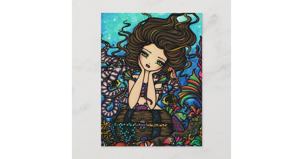 Sea Treasure Chest Mermaid Fairy Fantasy Art Girl Postcard | Zazzle