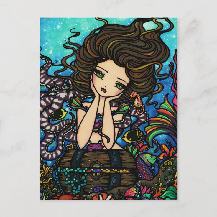 Sea Treasure Chest Mermaid Fairy Fantasy Art Girl Postcard | Zazzle