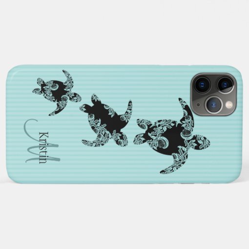 Sea Turtle Aqua Stripe with Monogram Case-Mate iPhone Case | Zazzle