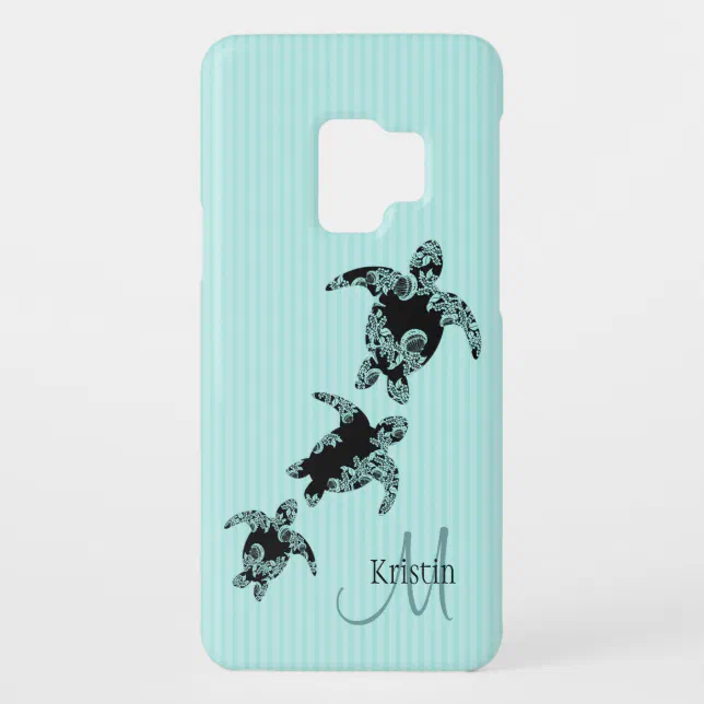 Sea Turtle Aqua Stripe with Monogram Case-Mate Samsung Galaxy Case | Zazzle