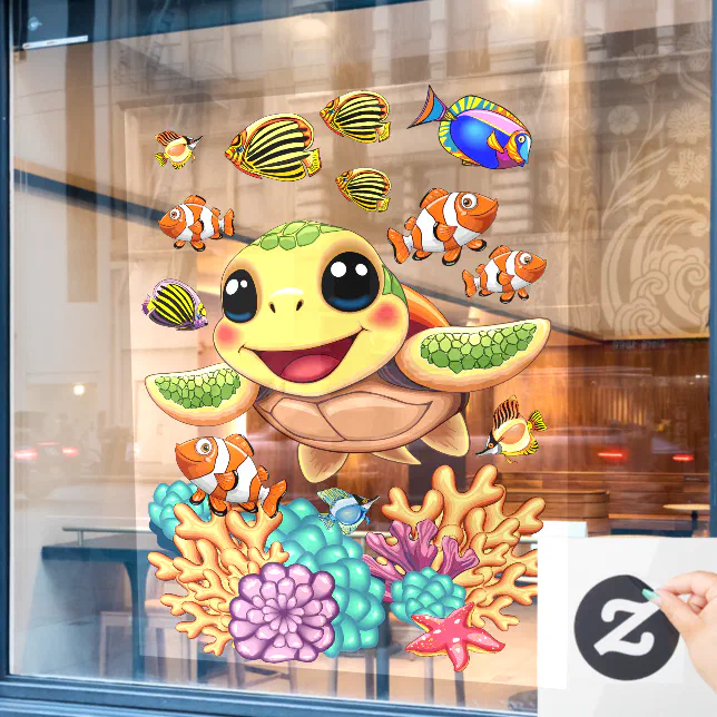 Sea Turtle Baby Happy and Cute Character Window Cling | Zazzle