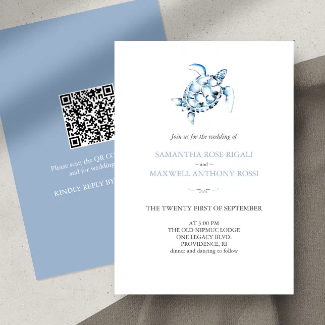 Sea Turtle Blue Wedding Invitation with QR Code | Zazzle