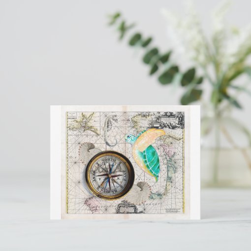 Sea Turtle Compass Vintage Postcard | Zazzle