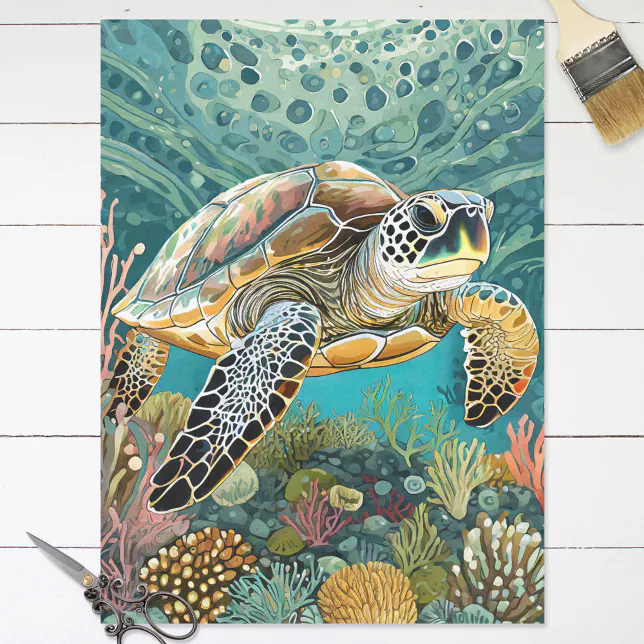 Sea Turtle in a Coral Reef Decoupage Tissue Paper | Zazzle