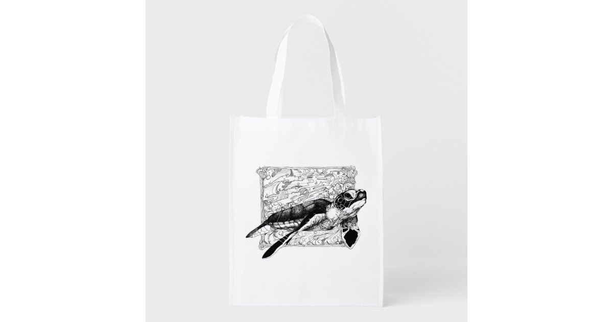 Sea Turtle Pen and Ink Drawing. Grocery Bag | Zazzle
