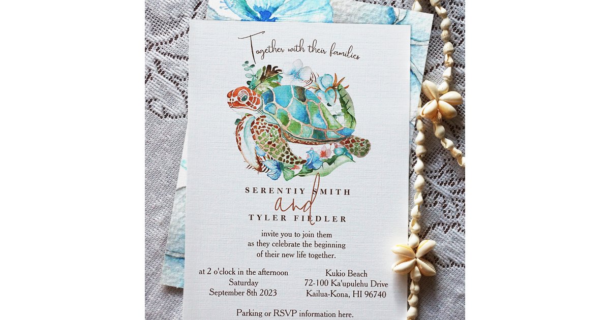 Sea Turtle, Tropical Blue Green Wreath Wedding Invitation | Zazzle