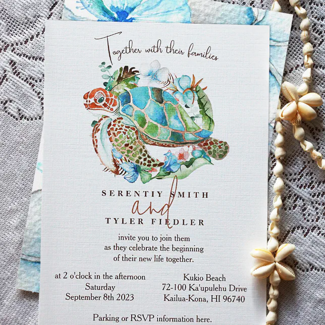 Sea Turtle, Tropical Blue Green Wreath Wedding Invitation | Zazzle