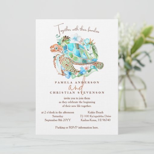 Sea Turtle, Tropical Blue Green Wreath Wedding Invitation | Zazzle