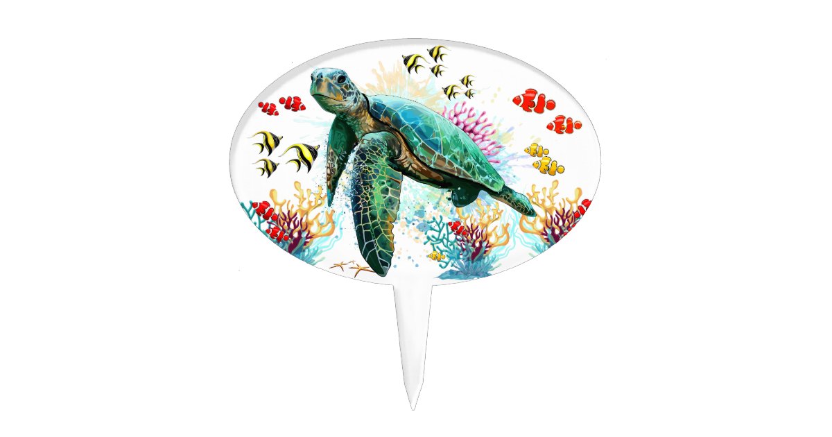 Sea turtle underwater watercolor Style Cake Topper | Zazzle