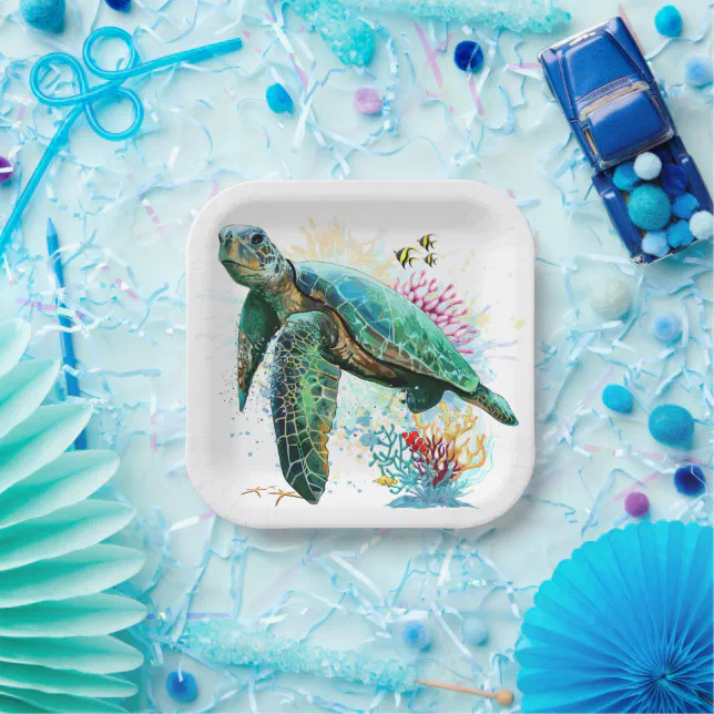 Sea turtle underwater watercolor Style Paper Plates | Zazzle