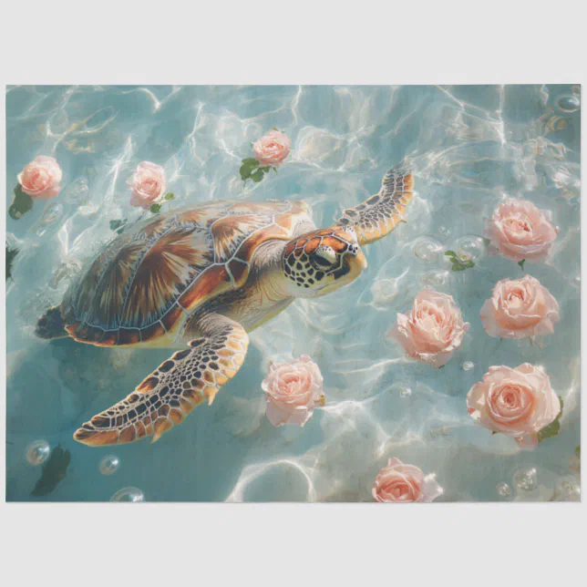 Sea Turtle with Pink Roses Decoupage Tissue Paper | Zazzle