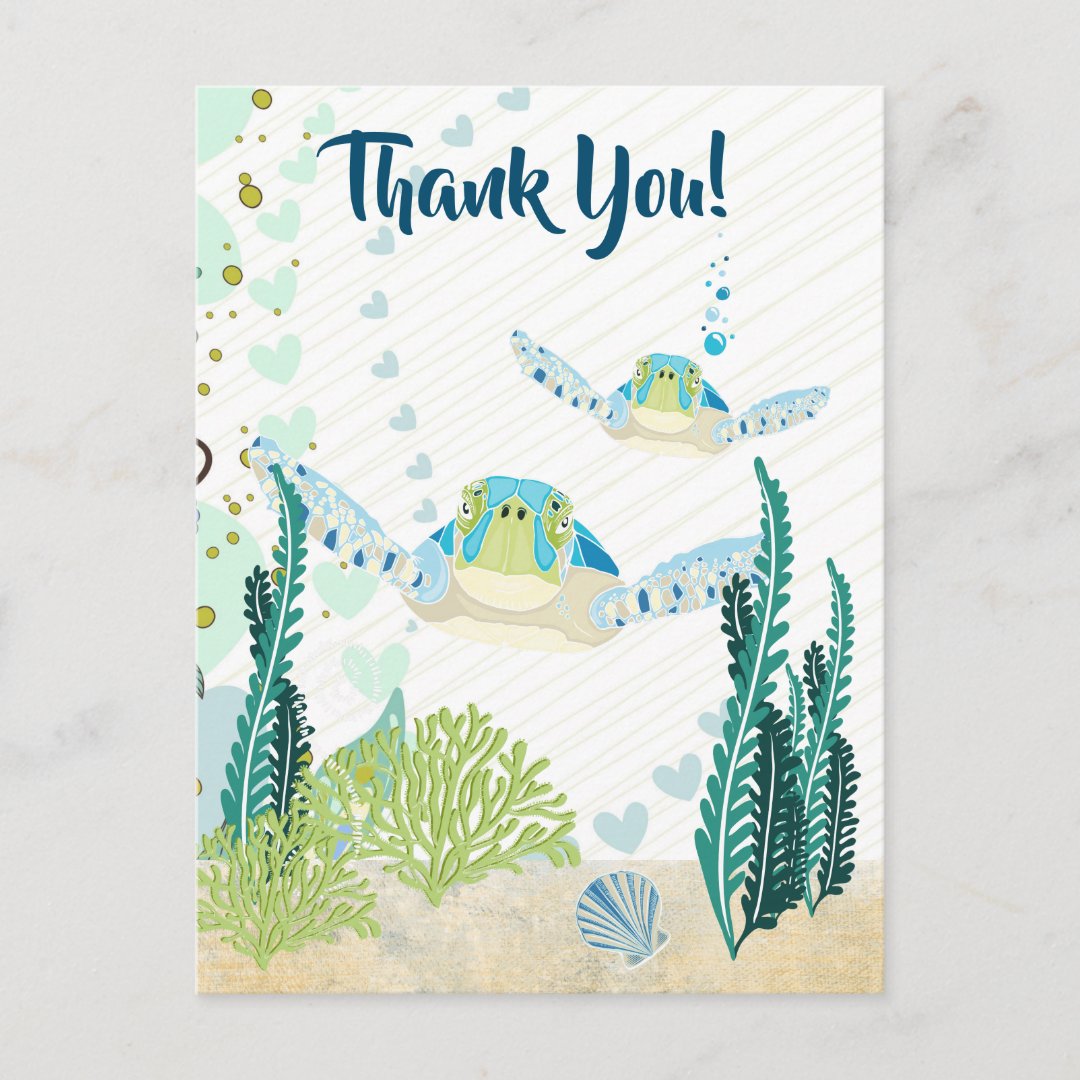 Sea Turtles and Hearts Ocean Beach Thank You Postcard | Zazzle