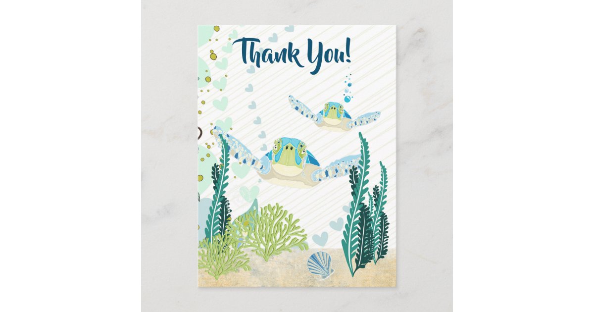 Sea Turtles and Hearts Ocean Beach Thank You Postcard | Zazzle