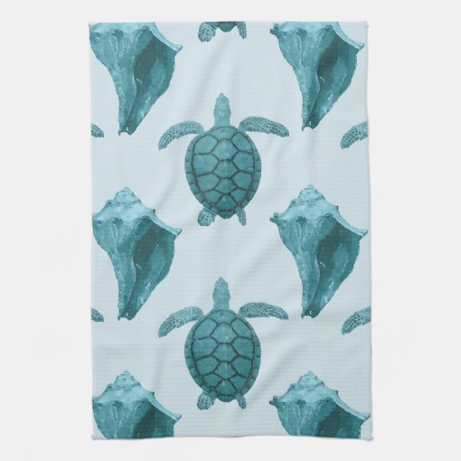 Sea Turtles & Conch in Aqua/Blue Tones Kitchen Towel | Zazzle