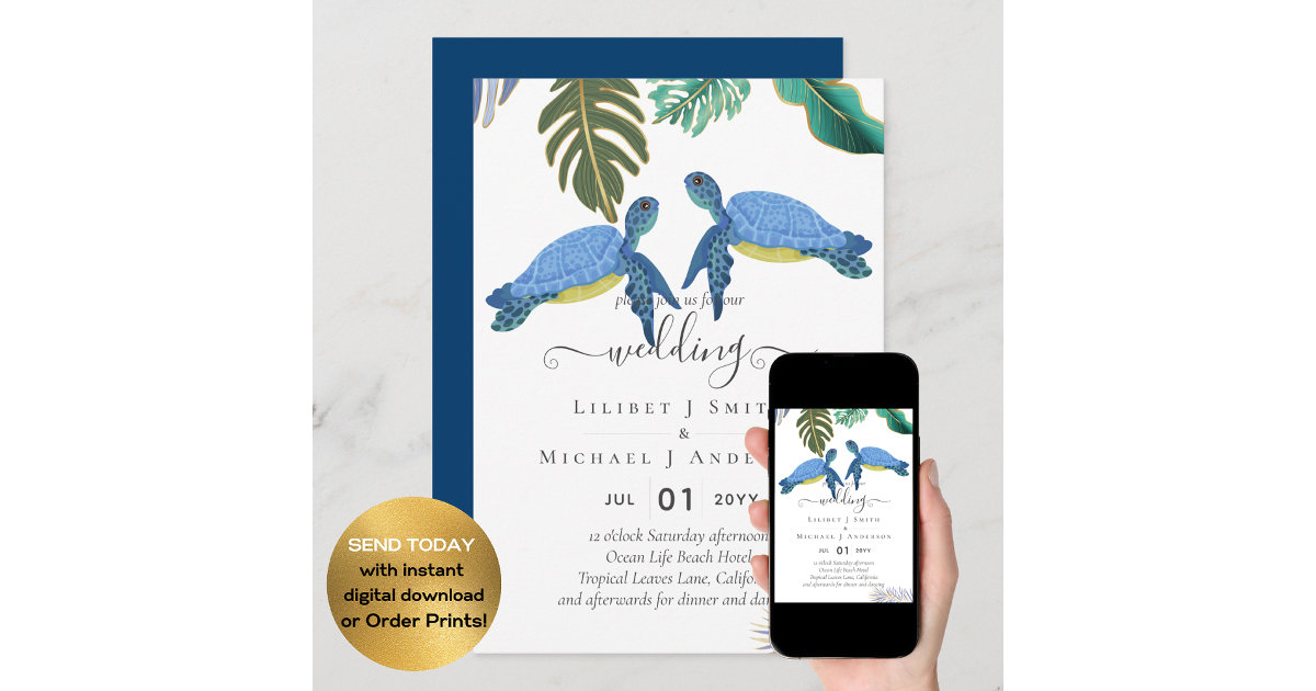 Sea Turtles Wedding Blue Yellow Invitation | Zazzle