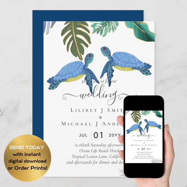 Sea Turtles Wedding Blue Yellow Invitation | Zazzle