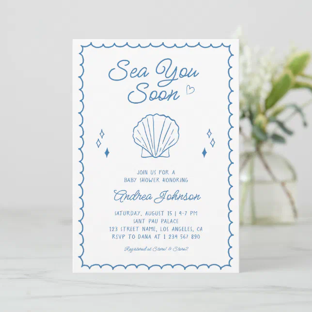 Sea You Soon Hand Drawn Ocean Seashell Baby Shower Invitation | Zazzle