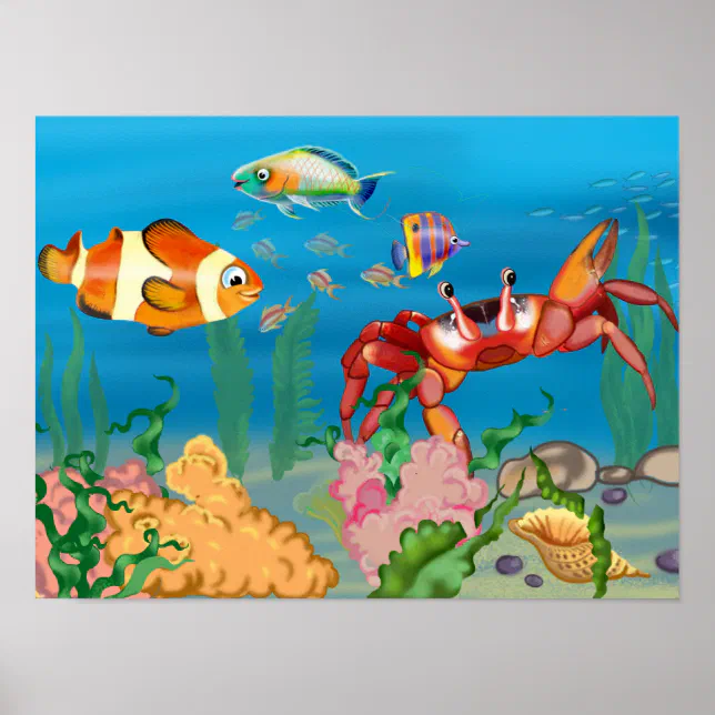 seabed with red crab, algae and fish, tropical sea poster | Zazzle