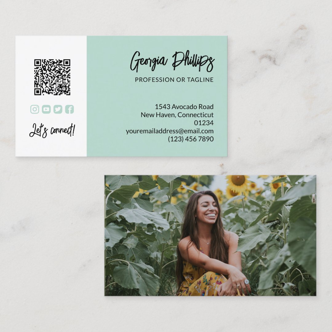 Seafoam Green QR Code Photo Social Media Icons Business Card | Zazzle