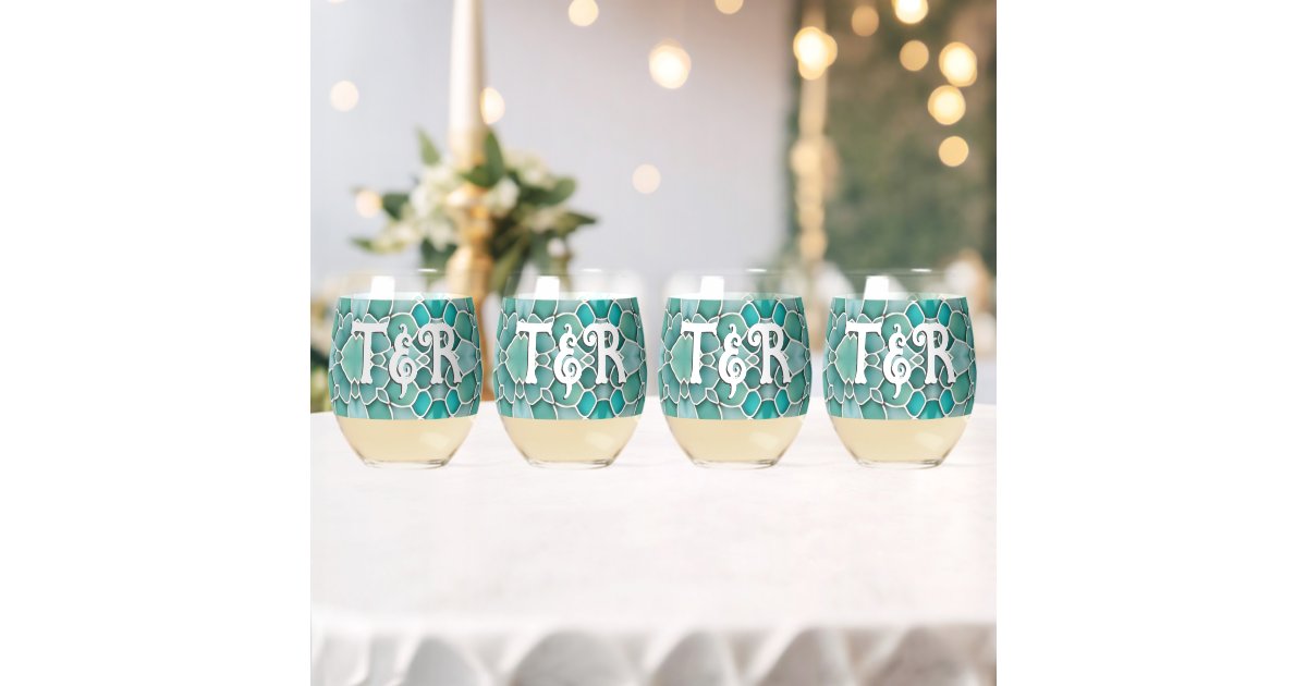 Seaglass Wedding Couple - His Hers pale green Stemless Wine Glass | Zazzle