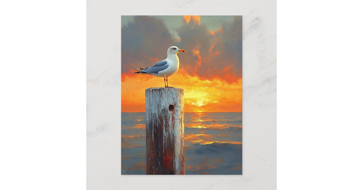 Seagull on a Post Sunset Over the Ocean Art Postcard | Zazzle