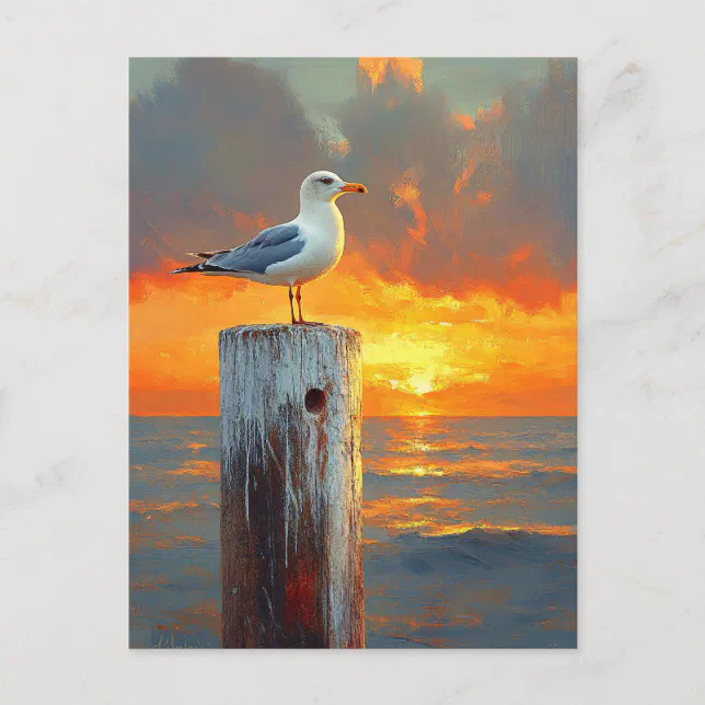Seagull on a Post Sunset Over the Ocean Art Postcard | Zazzle