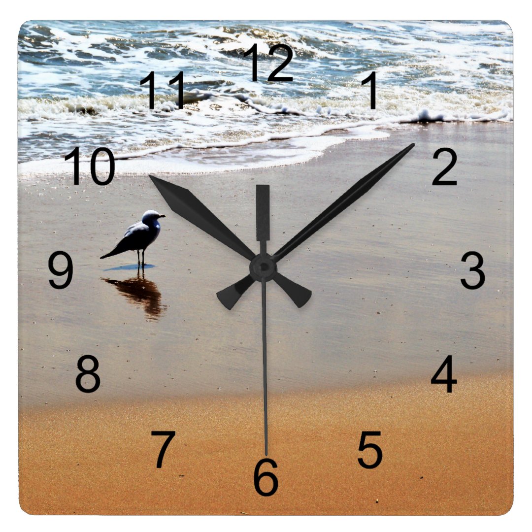 Seagull Reflection with Sand and Ocean Beach Square Wall Clock | Zazzle