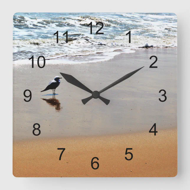 Seagull Reflection with Sand and Ocean Beach Square Wall Clock | Zazzle