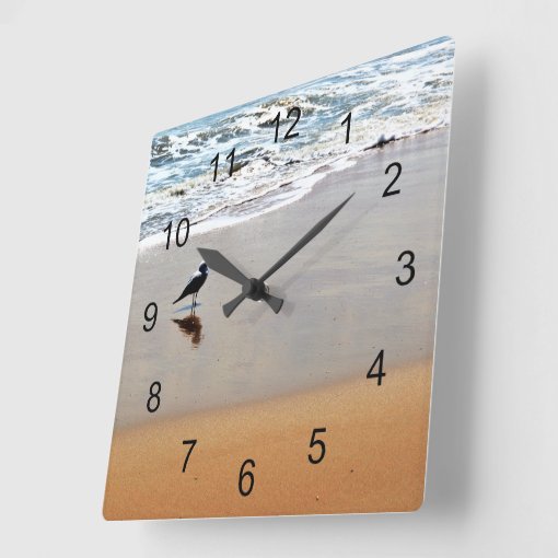 Seagull Reflection with Sand and Ocean Beach Square Wall Clock | Zazzle