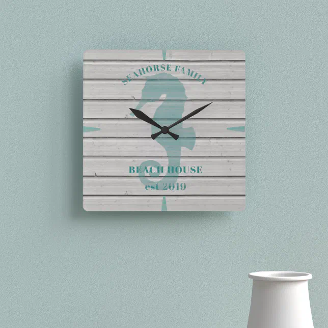 Seahorse Rustic Family Beach House Wood Look Square Wall Clock | Zazzle