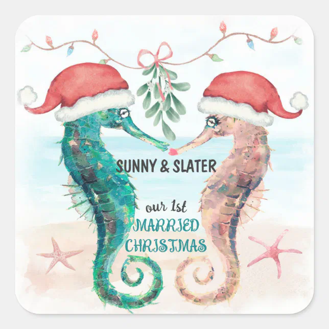 Seahorse Santa Our First Married Christmas Square Sticker | Zazzle