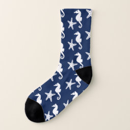 Seahorse & starfish - navy blue and white socks | Zazzle