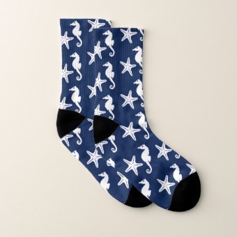 Seahorse & starfish - navy blue and white socks | Zazzle
